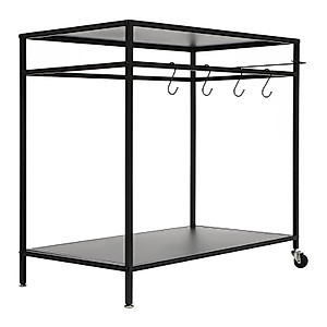 Mobile Double-Shelf Outdoor Grill Cart, Portable Dining Cart Table with Hooks and Handles, Steel Pipe Dining Table for Pizza Oven, Portable Grill Table with Storage Space, Black