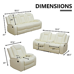 Ocstta Power Leather Recliner Sofa with LED Lights,Living Room Furniture Sofa Sets, Power Reclining Couch with USB Port/Storage Console/Cup Holders(Recliner Lovesesat, Cream White)