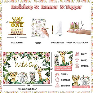 Fiesec Wild One Birthday Decorations Girl, Jungle Safari Animal Theme 1st Party Decorations Backdrop Balloons Leaves Monthly Photo Highchair Banner Box Cutout Cake Topper Crown Poster Pink 127 PCs