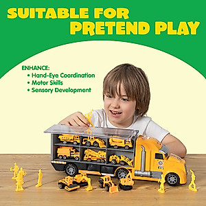 JOYIN 25 in 1 Construction Truck Vehicle Toy Set, Play Vehicles Set with Sounds and Lights in Carrier Truck, Push and Go Vehicle Car Toy, Kids Birthday Gifts for Over 3 Years Old Boys