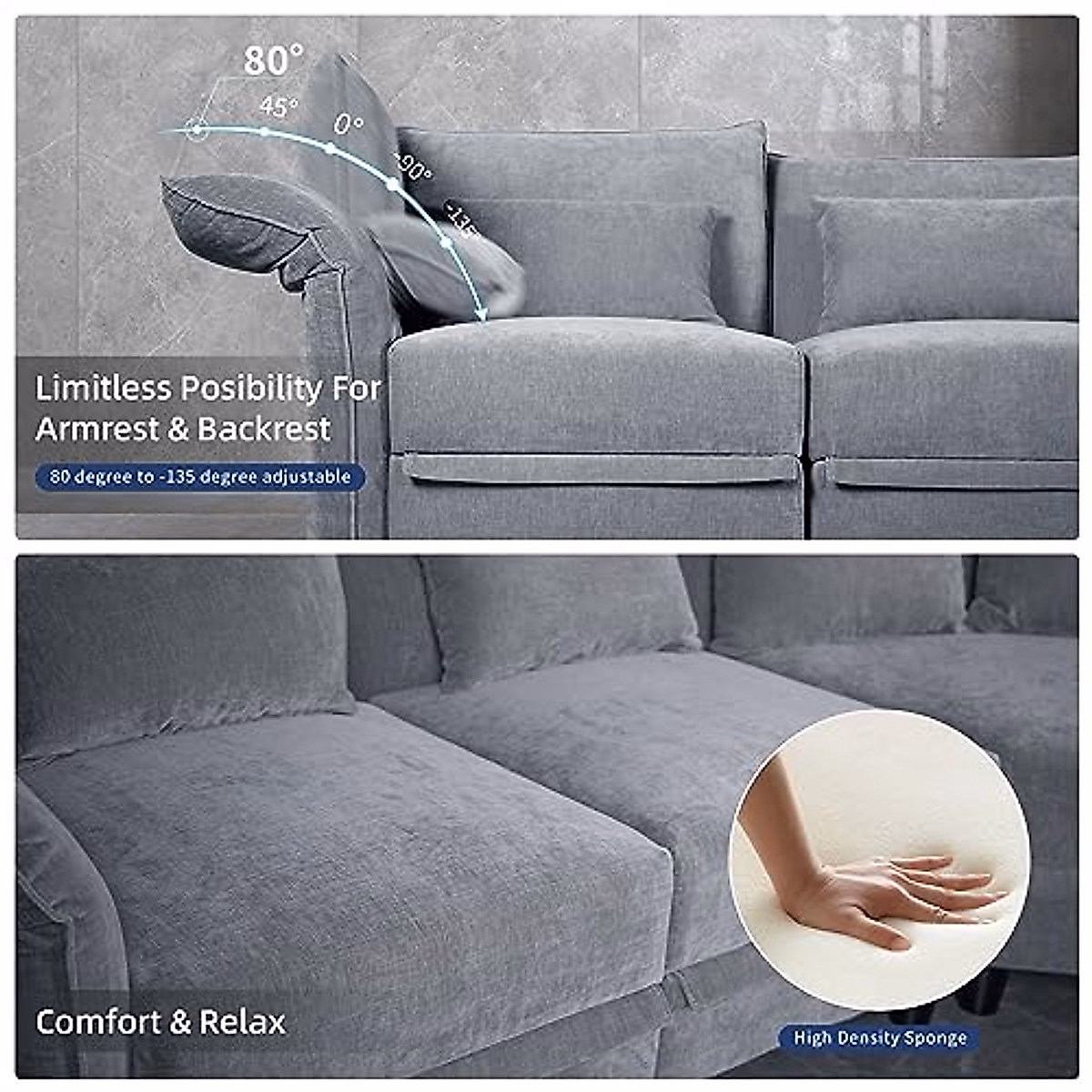 LLappuil Chenille Large Sectional Sofa 8 Seats U Shaped Modular Sofa with Storage Chaise, Adjustable Backrest, Modular Sectional Couches Sleeper for Living Room, Grey