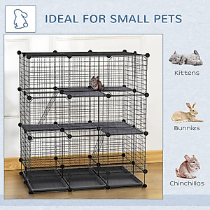 PawHut Small Animal Playpen C&C Cage Wire Bunny Pen for Kitten, Chinchillas, with Doors, Ramps and Trays, Black
