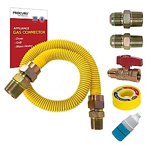 PROCURU 1/2" OD x 12" Gas Flex Connector Kit with 1/2" Straight Valve for Dryer, Water Heater, Grill- Weatherproof Flexible Stainless Steel with Yellow SafeGuard Coating (Red Series)