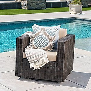 GDFStudio Venice Outdoor Dark Brown Wicker Swivel Club Chair with Beige Water Resistant Cushions (Single, Dark Brown/Beige)