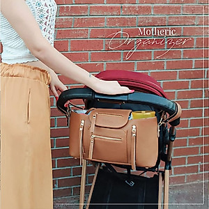 motheric Brown Leather Universal Stroller Organizer Shoulder bag with insulated cup holder, Shoulder strap - Parent console Caddy with strollercup holder
