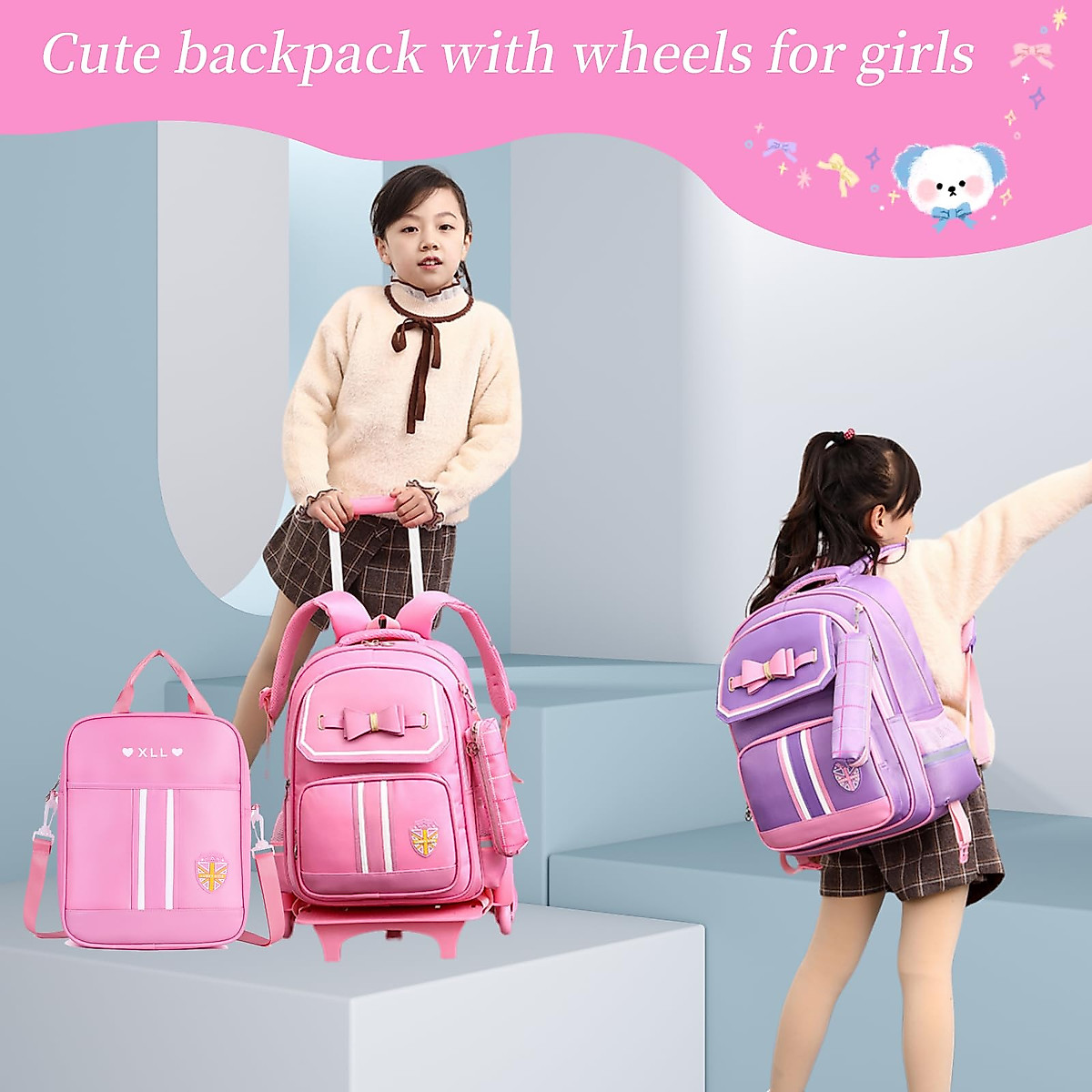 MITOWERMI Rolling Backpack for Girls Cute Trolley Bags Primary School Bookbags with Wheels Kids Carry-On Wheeled Backpack with Lunch Bag