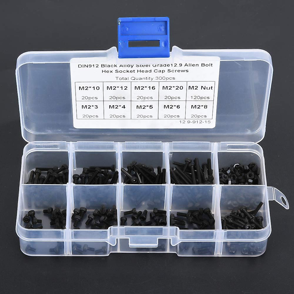 300PCS M2 x 3-20mm 12.9 Grade Black Hex Socket Screw Bolt and Nut Kit Alloy Steel Button Head Socket Bolts