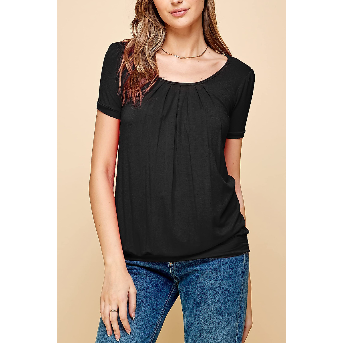 Made By Johnny MBJ WT1175 Women's Scoop Neck Short Sleeve Pleated Front Blouse Tunic Top XL Black