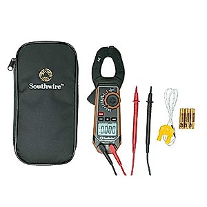 Southwire 21510N clamp meter; third-hand test probe holder; 400A AC current range; CAT III 600V safety rating; built-in non-contact voltage detector; 5 year warranty; Black Brown