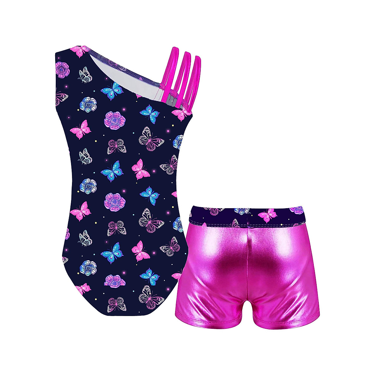 YEAHDOR Kids Girls Gymnastic Ballet Dance Leotard Print Leotard with Shiny Boyshort Set One Shoulder Bodysuit Sets Printed Hot Pink 14 Years