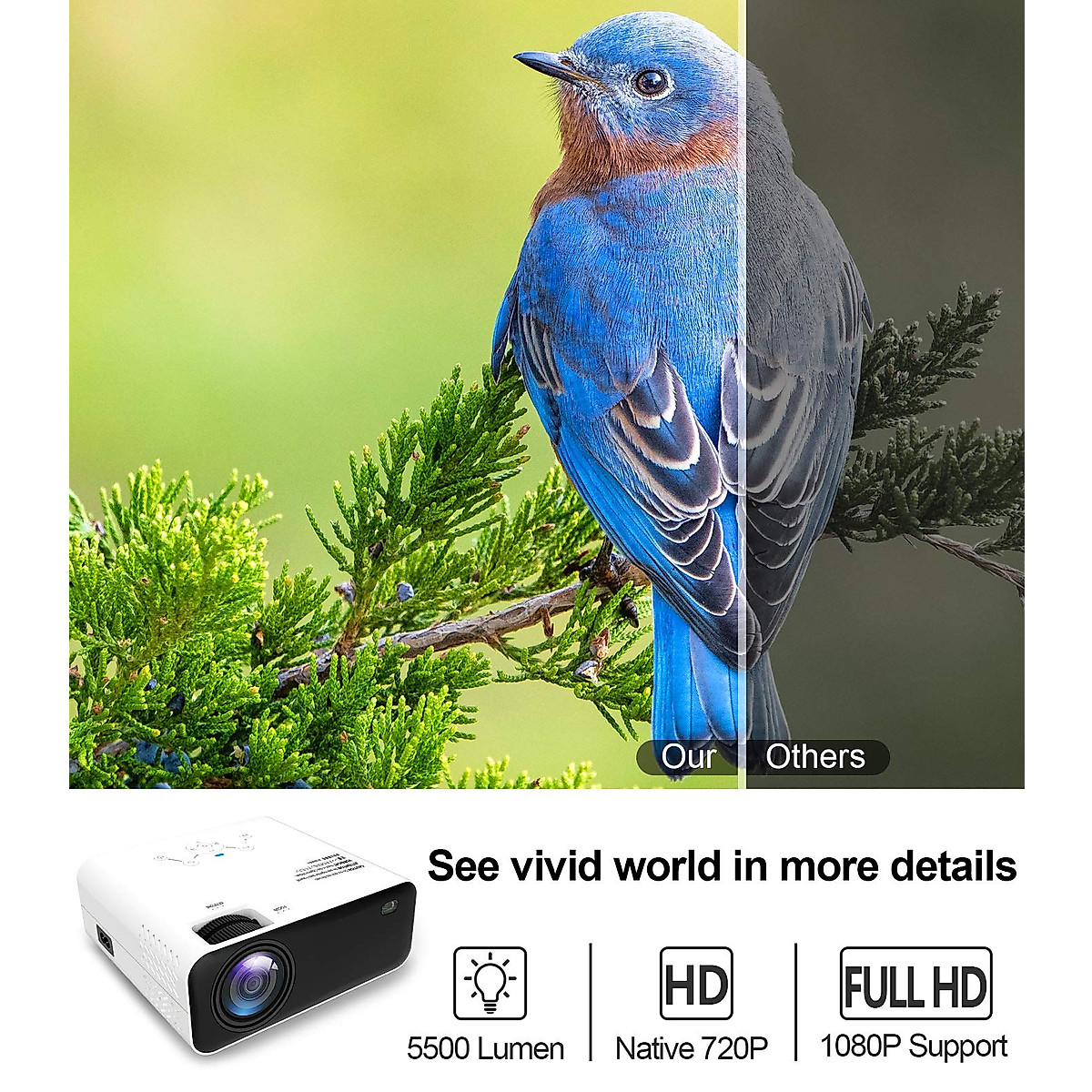 Mini Movie Projector Supported 1080P - Portable Full HD Projector Native 720P with 5500 Lumens LED Lamp,Compatible with HDMI,VGA,USB,AV,Laptop,Smartphone