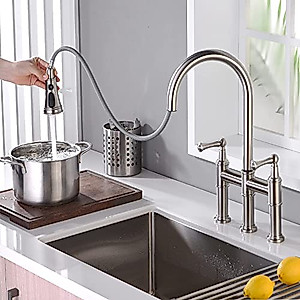 ARRISEA Heritage Bridge Kitchen Faucet with Pull-Down Sprayhead 2 Handle 8 Inch Faucet for Kitchen Sinks 3 Hole Install Kitchen Sink Faucet Fingerprint Resistant Spot Free Brushed Nickel