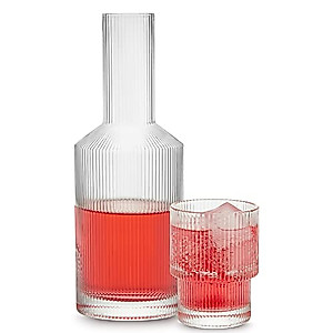 Bedside Water Carafe and Glass Set, Gencywe 28 OZ Pitcher & 6 OZ Cups, Vintage Glass Bedside Water Serving Carafe with Cup Set for Kitchen, Bedroom, Clear Juice Pitcher with Tumbler Glass (2-Piece)