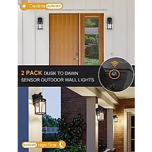 KXIEMRS 2-Pack Dusk to Dawn Sensor Outdoor Wall Lantern, Exterior Wall Mount Light Fixture, Matte Black Metal Wall Sconce with Clear Glass, E26 Base Waterproof for Backyard, Entryway, Garage, Garden…