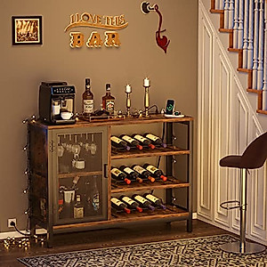 Homieasy Wine Bar Cabinet with Power Outlets, Industrial Coffee Bar Cabinet for Liquor and Glasses, Farmhouse Bar Cabinet with Removable Wine Racks, Rustic Brown