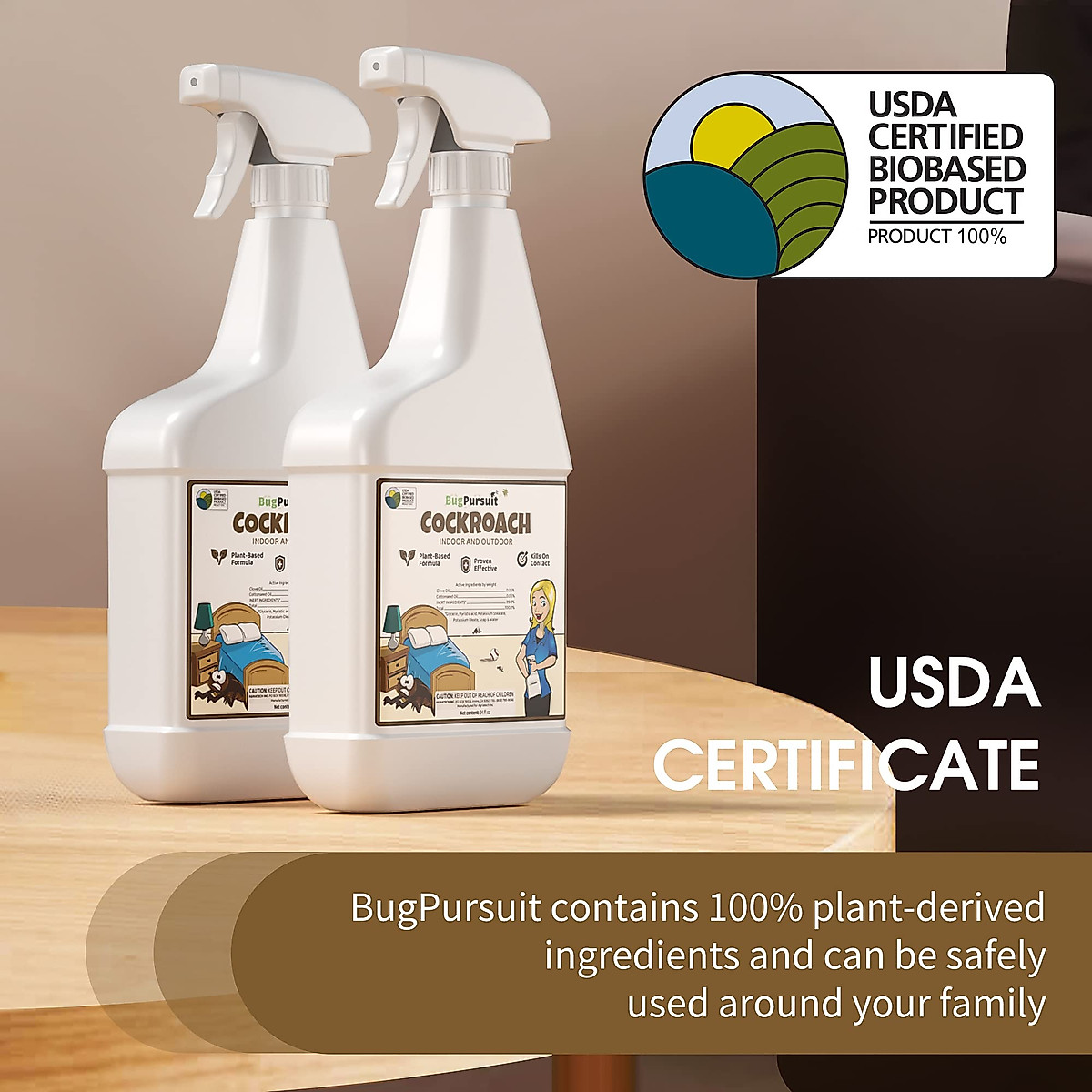 BugPursuit -Cockroach Killer Natural Spray for Home and Kitchen -100% Proven Effective - USDA Biobased Certified - Indoor and Outdoor Use Safe - Plant Based Formula-Non Staining-Child and Pet Safe