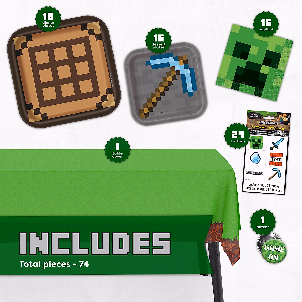 Minecraft Party Supplies, Minecraft Birthday Party Supplies for Boys or Girls - Serves 16 Guests - With Table Cover, Plates and More