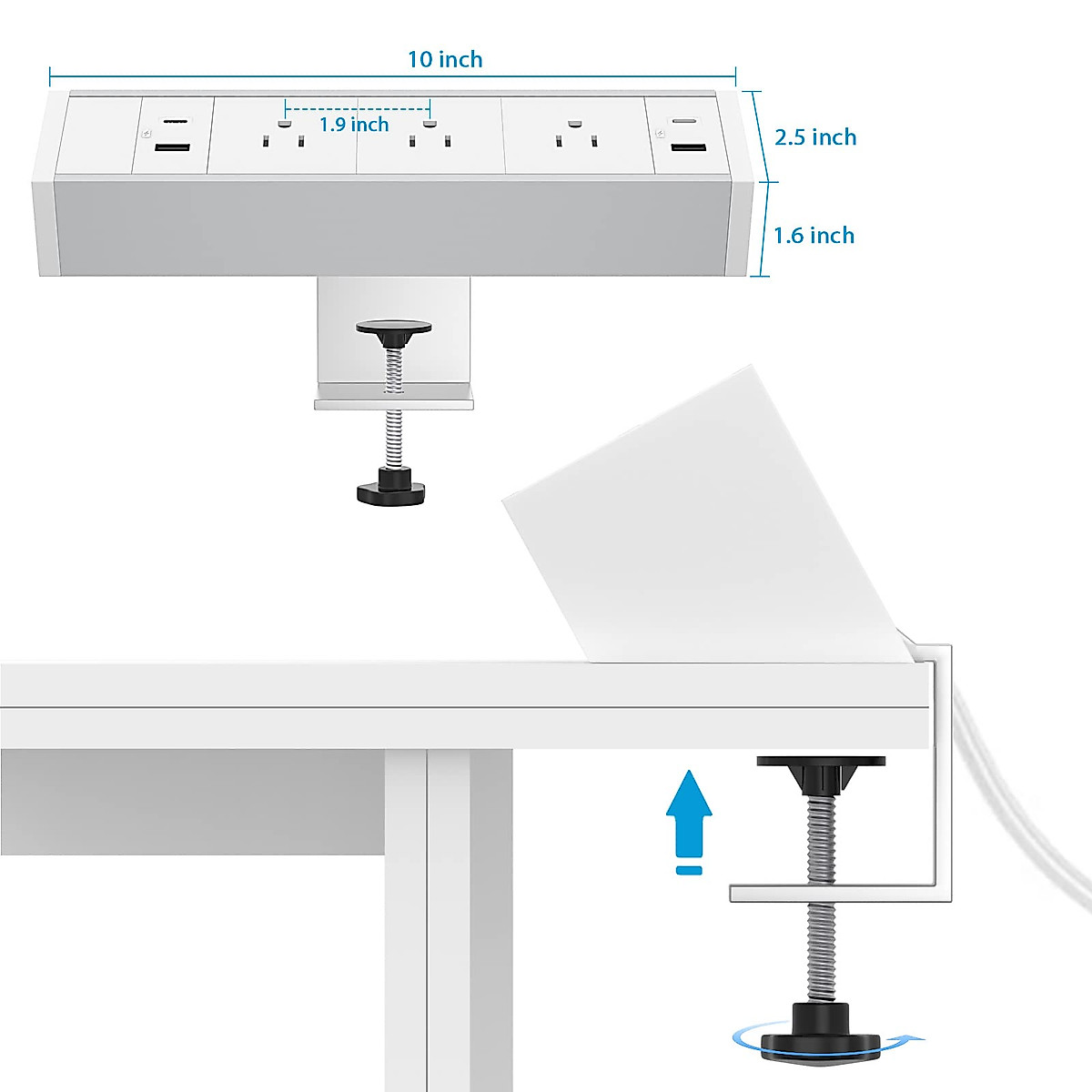 Desk Clamp Power Strip, 1875W Desktop Power Strip for Desk Edge Mount, 2 USB A, 2 USB C Ports, 3 AC Outlets Widely Spaced Desk Outlet Station, Fast Charging Ports, Table Desk Outlet for Home, Office.