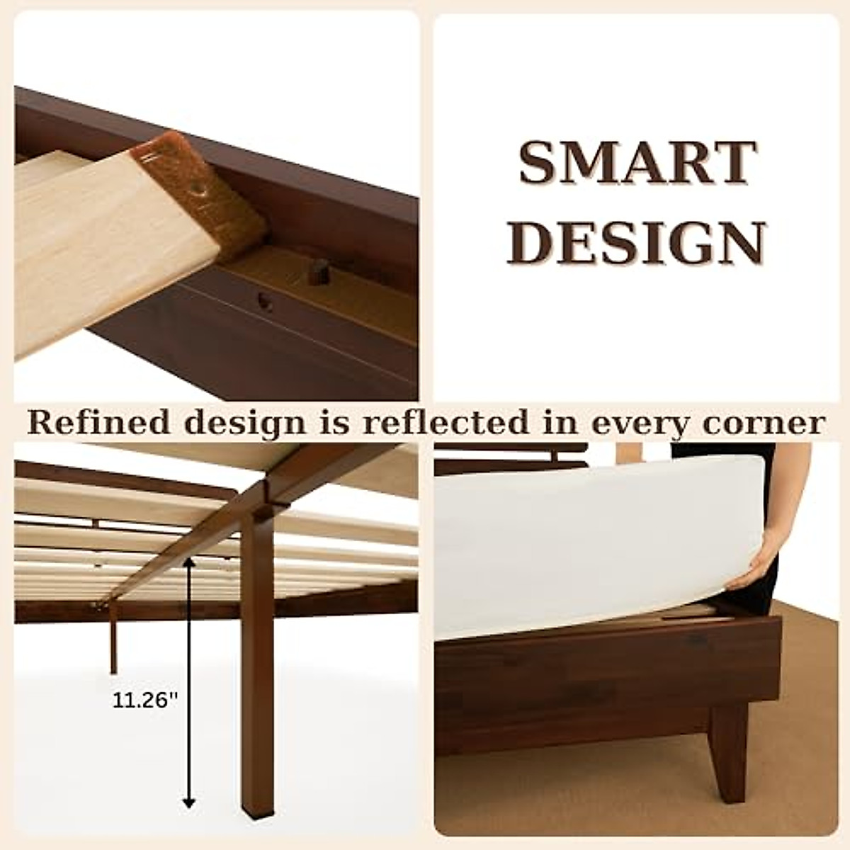 Bme Caden 15'' Bed Frame with Adjustable Headboard - Mid Century, Retro Style with Acacia Wood - No Box Spring Needed - Wood Slat Support - Easy Assembly - Walnut, King (U.S. Standard)