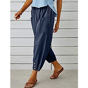 Acesulu Summer Linen High Waist Yoga Pants Drawstring Wide Leg Cropped Pants Trousers with Pockets for Women (0099-NavyBlue-XL)