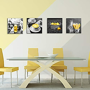 Oreichar Art Food Wall Art Black and White Coffee Bread Canvas Print Painting Yellow Picture for Cafe Dining Room Restaurant Kitchen Decoration (12"x12"x4pcs)