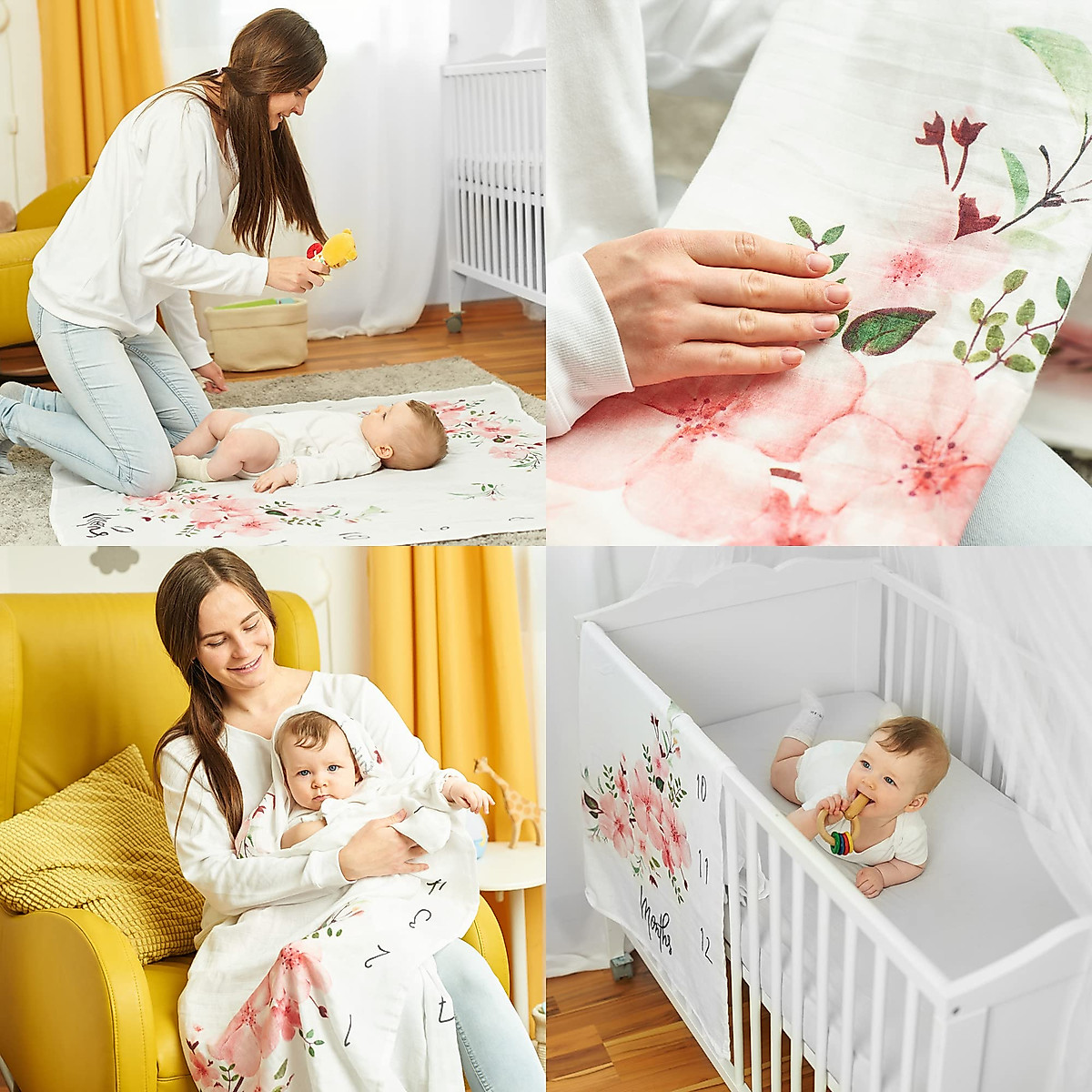 Baby Milestone Blanket | Cotton Muslin Swaddle Blanket | Monthly Photo Mat for Newborn Girl | Cherry Blossom Flowers| Personalised Baby Shower Present for New Mums | Age Mat | Includes Wooden Frames