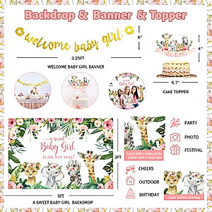 Fiesec Safari Baby Shower Decorations for Girl, Jungle Themed Décor Backdrop Balloon Garland Arch Artificial Leaves Box Cutout Glitter Banner Cake Topper Sash Lion Cheetah Giraffe Pink 140 PCs