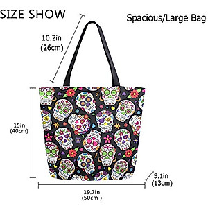 ZzWwR Chic Day of The Dead Sugar Skull Large Canvas Shoulder Tote Top Handle Bag for Gym Beach Travel Shopping