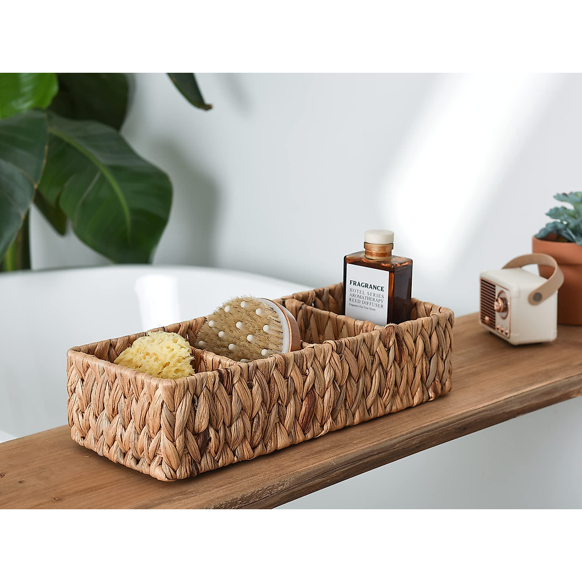 StorageWorks Small Wicker Baskets with 4 Sections, Water Hyacinth Baskets for Organizing, Handwoven Desk Baskets for Pantry, Coffee Bar, Shelves, 2 Pack