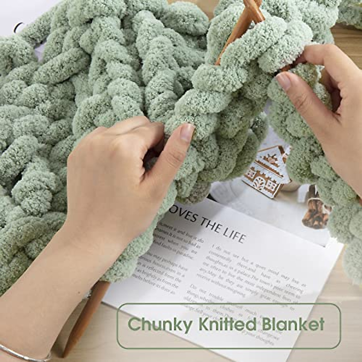 HOMBYS Sage Green Chunky Chenille Yarn for Crocheting, Bulky Thick Fluffy Yarn for Knitting,Super Bulky Chunky Yarn for Hand Knitting Blanket, Soft Plush Yarn, 8 Jumbo Pack (31.7 yds,8 oz Each Skein)