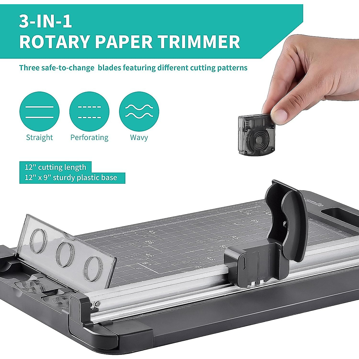 Rotary Paper Cutter, 3-in-1 Paper Trimmer, 12 Inch Cutting Length with Straight Cut/Perforating Cut/Wavy Cut, Enclosed Blades for Safe Use, Ideal for Cardstock/Paper Craft Projects