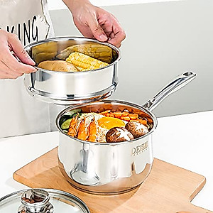 Stainless Steel Saucepan,DERUI CREATION 1.5 QT Food Grade 304 Stainless Steel Soup Pot and Steamer Basket,Cooking Pot with Lid (16cm（1.5QT）, Silver)