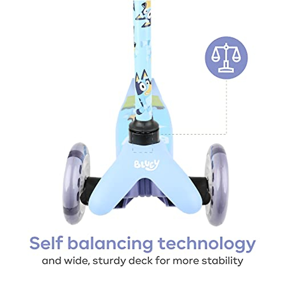 Bluey Self Balancing Kick Scooter with Light Up Wheels, Extra Wide Deck, 3 Wheel Platform, Foot Activated Brake, 75 lbs Limit, Kids & Toddlers Girls or Boys, for Ages 3 and Up