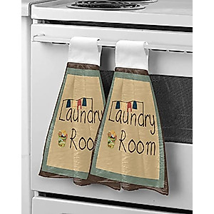 PIEPLE 1 PCS Kitchen Hand Towels, Laundry Room Dry Cloths Soft Plush Hanging Tie Towels with Loop for Kitchen Bathroom Dish Cloth Tea Bar Towel Laundry Retro Beige Blue Coffee