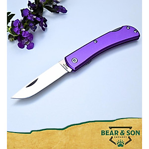 Bear & Son Small Locking Farmhand Folding Knife, 2 3/4” 440 Stainless Steel Blade, Lightweight Purple Aluminum Handle, Taper Ground Drop Point Blade (137LPL)