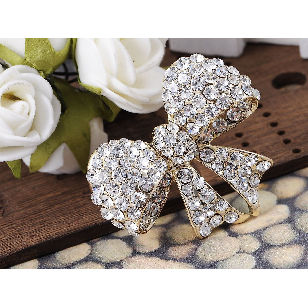 Alilang Golden Tone Shine Clear Crystal Rhinestones Bow Knot Statement Adjustable Ring