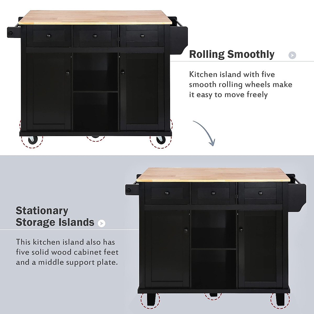 Kitchen Island Cart with Wood Drop-Leaf Top and 3 Drawers, Rolling Mobile Kitchen Island on 5 Wheels with Storage Cabinet, Internal Storage Racks, and Adjustable Shelves, 53.1 Inch Width (Black)