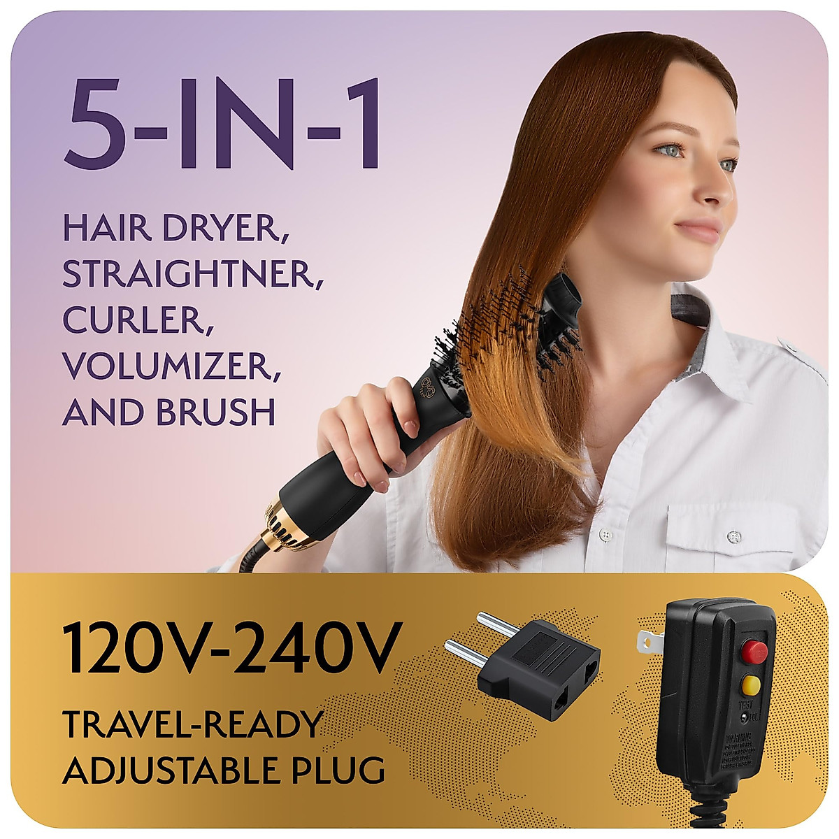 Professional Dual Voltage Blowout Hair Dryer Brush for European Travel 110V-120V/220V-240V, Black Gold Dryer and Volumizer, Hot Air Brush for Women, 2.4 INCHES Oval Shape