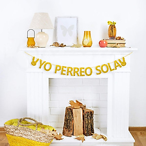 GROBRO7 YO Perreo Sola Banners Gold Glitter Banner Home Decoration Photo Booth Props 6.5ft Pre-Assembled Garland Party Favor for Music Themed Bachelorette Wedding Bridal Shower Engagement Decor