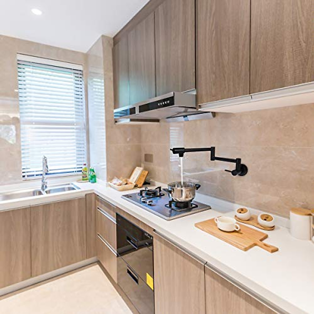 KWODE Matte Black Pot Filler Faucet Wall Mount Commercial Kitchen Sink Faucet Double Joints Folding Stretchable Swing Arm with Single Hole 2 Handles Brass