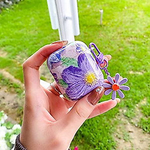 Lovmooful AirPods Case for Airpods 2 & 1, Cute Oil Painting Flower Pattern with Flower Keychain Design Cover for Women Girls Shockproof Protective TPU AirPods 1&2 Charging Case - Purple2