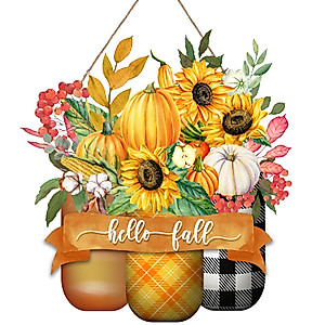 Denylo pro Hello Fall Wood Sign Fall Mason Jar Floral Front Door Decor Thanksgiving Wood Hanging Door Sign Outdoor Wooden Front Door Decorations for Farmhouse Porch Front Door Decoration