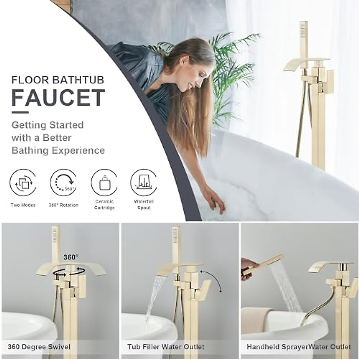 Senlesen Freestanding Bathtub Faucets Floor Mounted Tub Filler Faucet with Handshower Brushed Gold