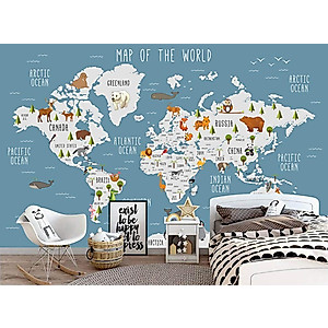 Murwall Kids Wallpaper Blue World Map Wall Mural Cartoon Animal Wall Print Nursery Wall Decor Childroom Play Room Bedroom