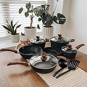 MAISON ARTS 12 Piece Pots and Pans Set Kitchen Cookware Sets Nonstick Granite Cooking Set for Induction & Dishwasher Safe, Oven, Stovetop, Black
