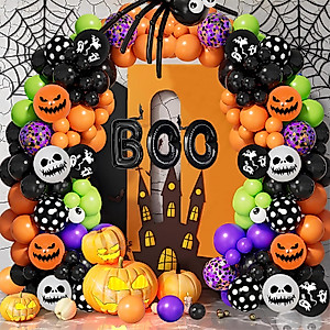 Arnzion 161 PCS Halloween Balloon Arch Garland Kit, Orange Black Purple Latex Party Balloons Set with BOO Foil, Confetti Balloons for Halloween Birthday Supplies, Halloween Party Decor
