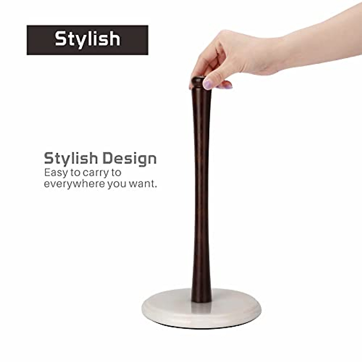 Marble Paper Towel Holder Countertop for Kitchen, Wood Paper Towel Holder Stand with No Wobbly Natural Marble Base, One Hand Pull & Tear - Black Brown