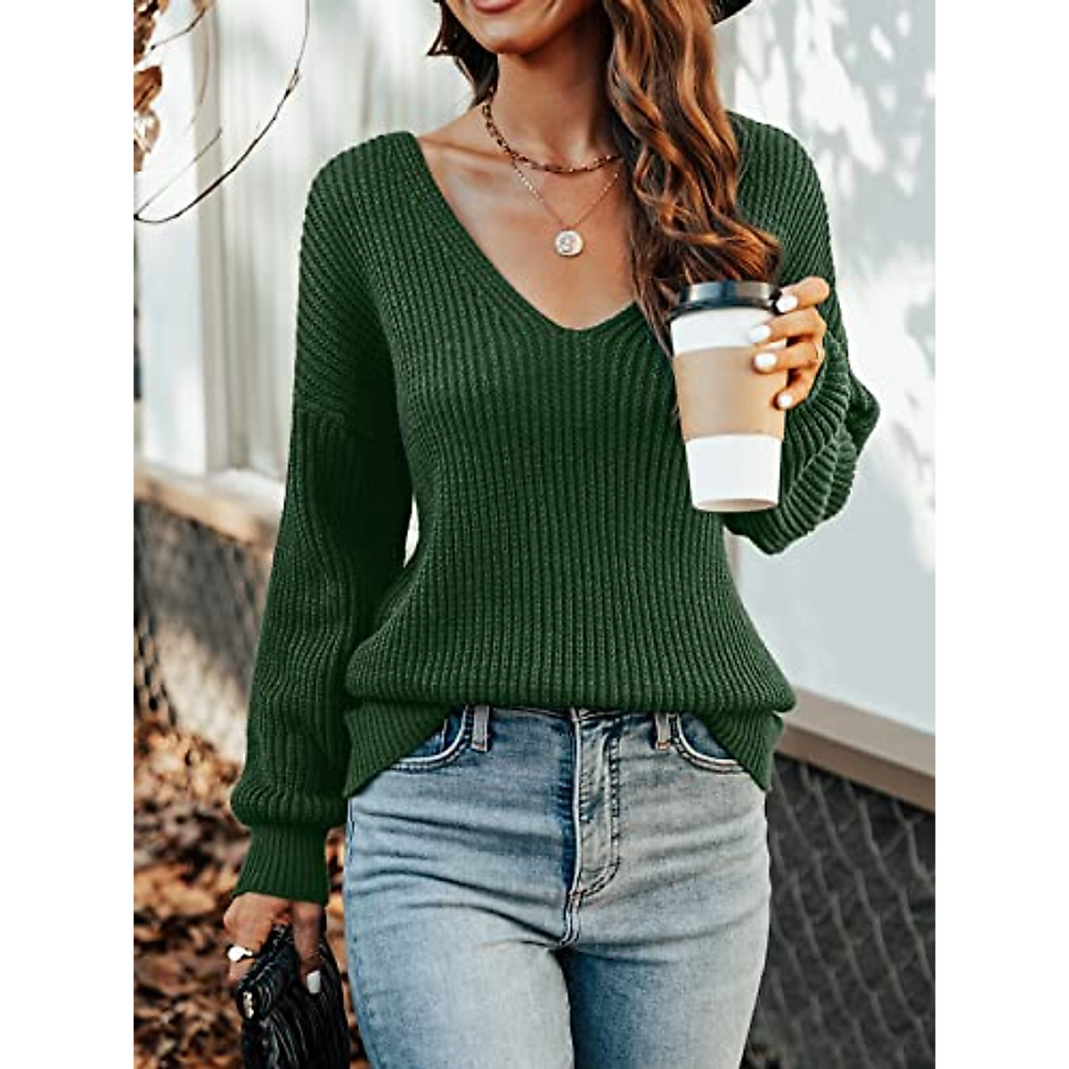 CUPSHE Women's Casual V Neck Sweater Fall Knit Oversize Fitted Pullover with Long Sleeves, Green S