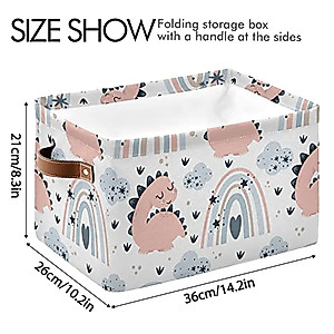 Pink Dinosaur Storage Basket Set of 2 Large Fabric Rainbow Storage Basket Bins Box Cube with Handles Collapsible Closet Shelf Clothes Organizer Basket for Nursery Bedroom