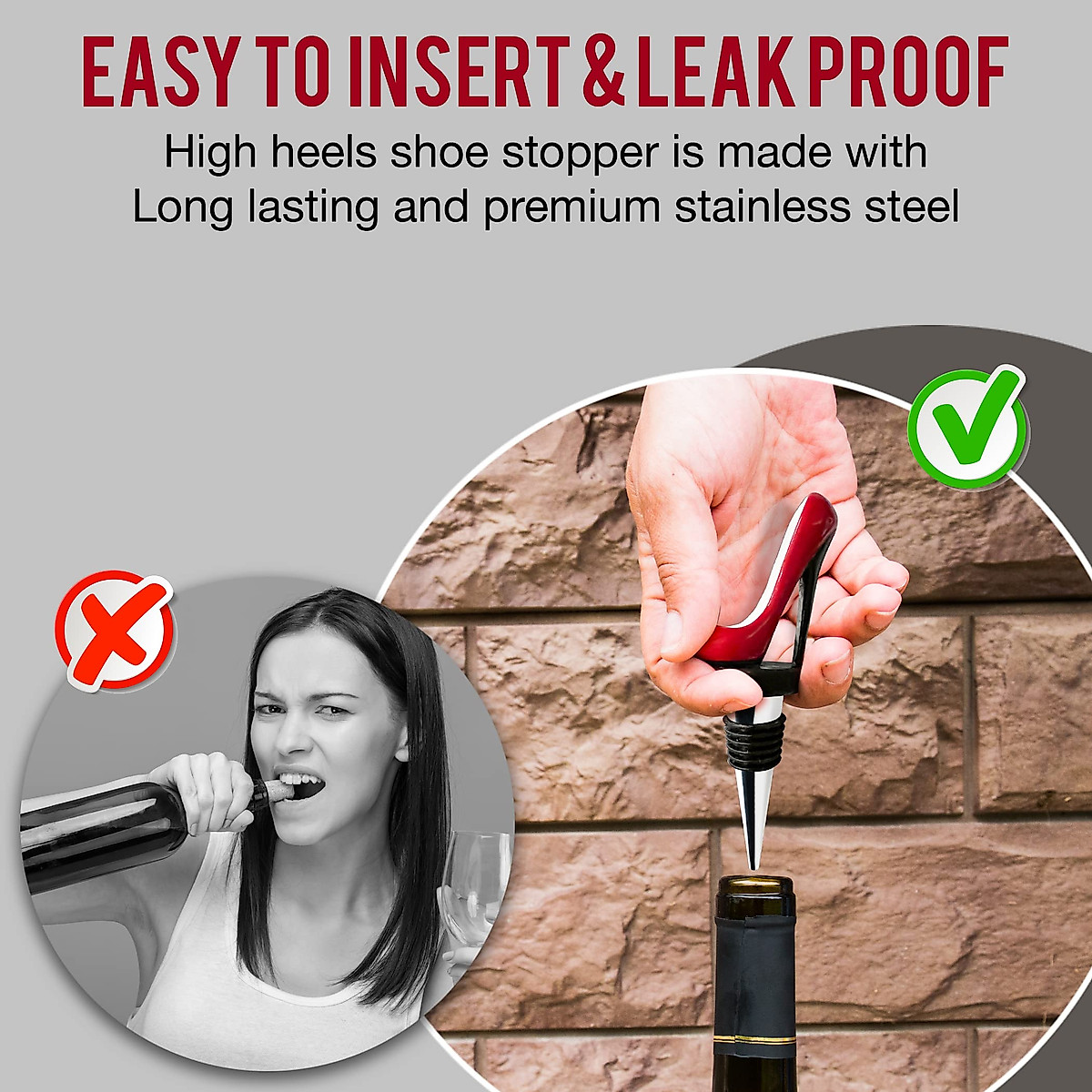 Trovety High Heel Wine Stopper Custom - Cute Red Shoe Elegant High Heels Cork for Women, Bachelorette Party Decor - Decorative Stainless Steel Beverage Topper - Reusable Champagne Bottle Plugs